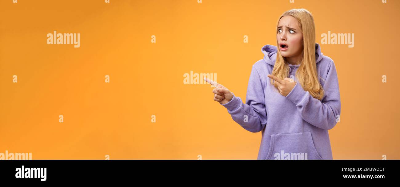 Concerned freak-out panicking funny blond girl gasping pop eyes drop ...