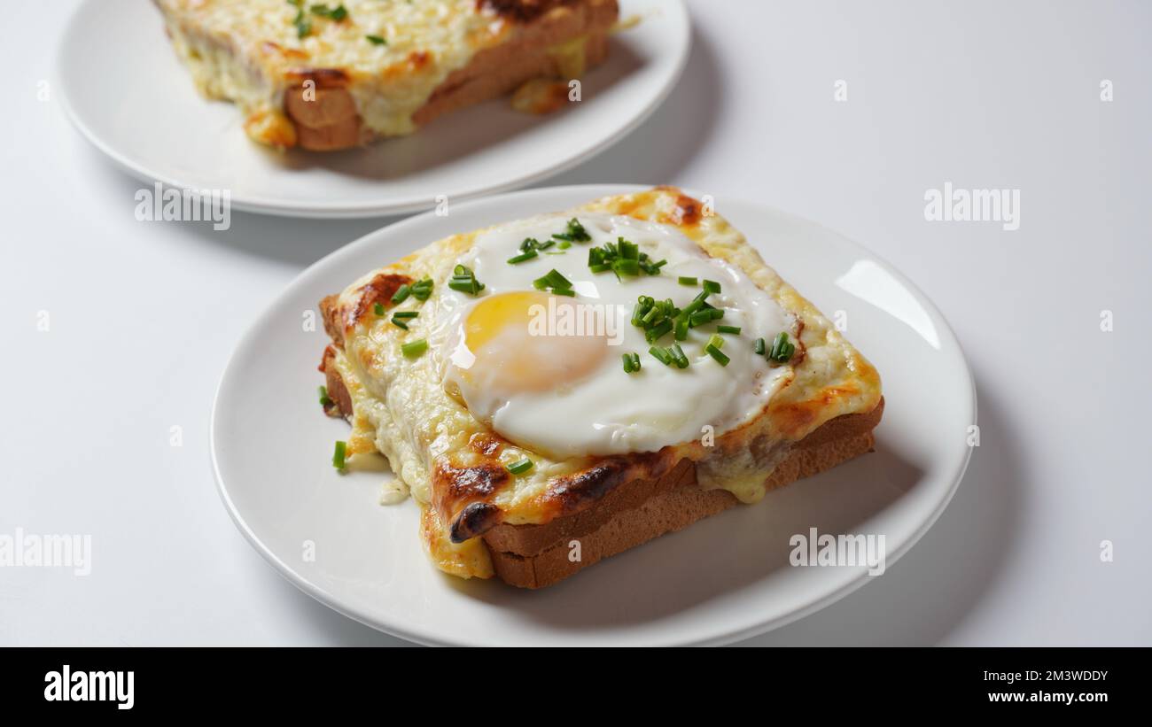 Hot French Traditional Croque madame and croque monsieur sandwiches for ...