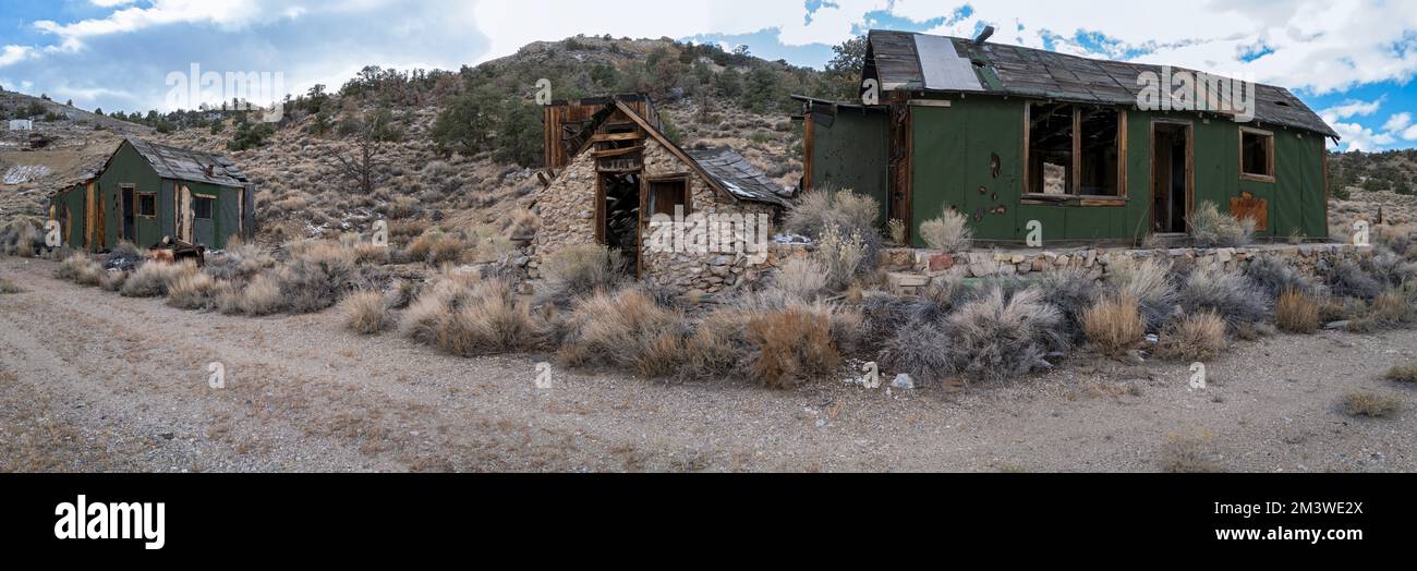 Panorama of shacks along dirt roads at an abandoned mercury mine in the ...