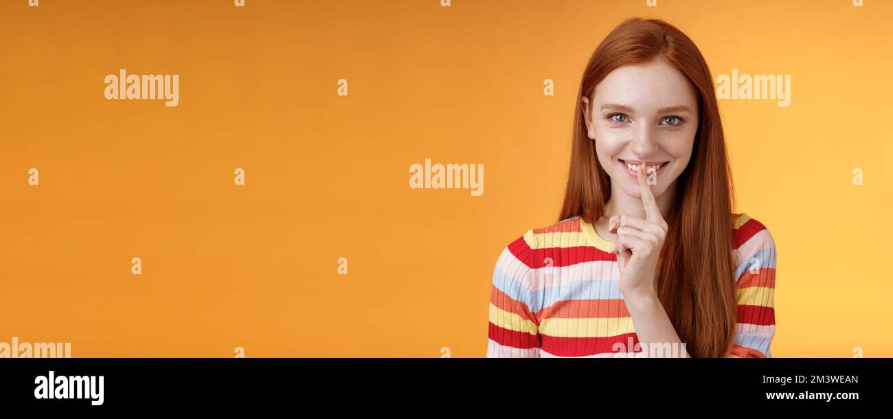 Flirty devious creative young redhead smiling excited ginger girl ...
