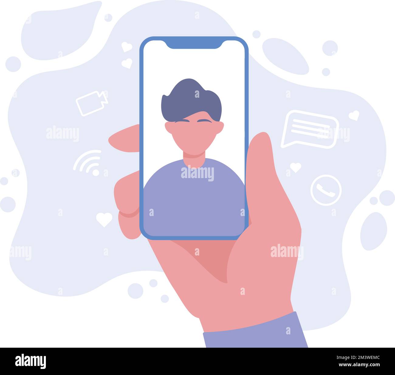 Hand holding smartphone with man face on screen. Photo, online chat ...