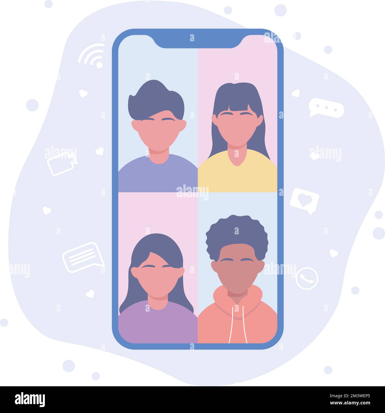 Group of people talking together on video conference app phone call ...