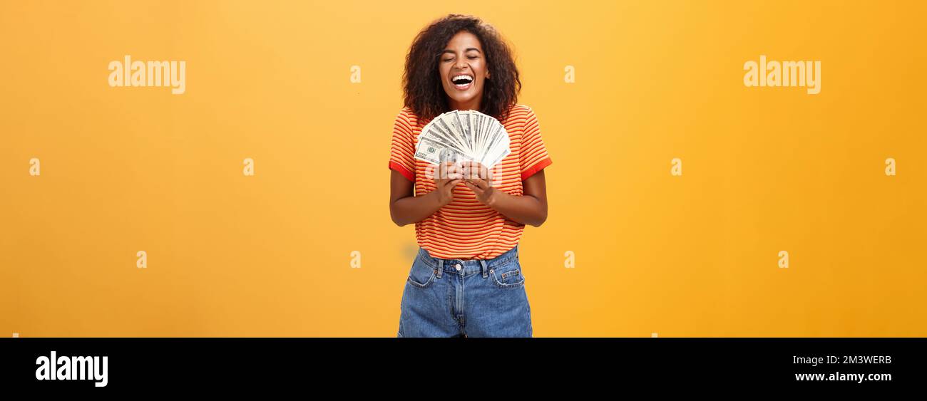 Finally girl rich. Portrait of happy charismatic stylish young female ...