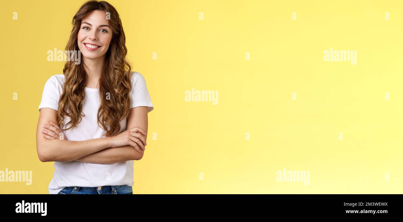 Confident carefree lively smiling female freelancer professional cross ...