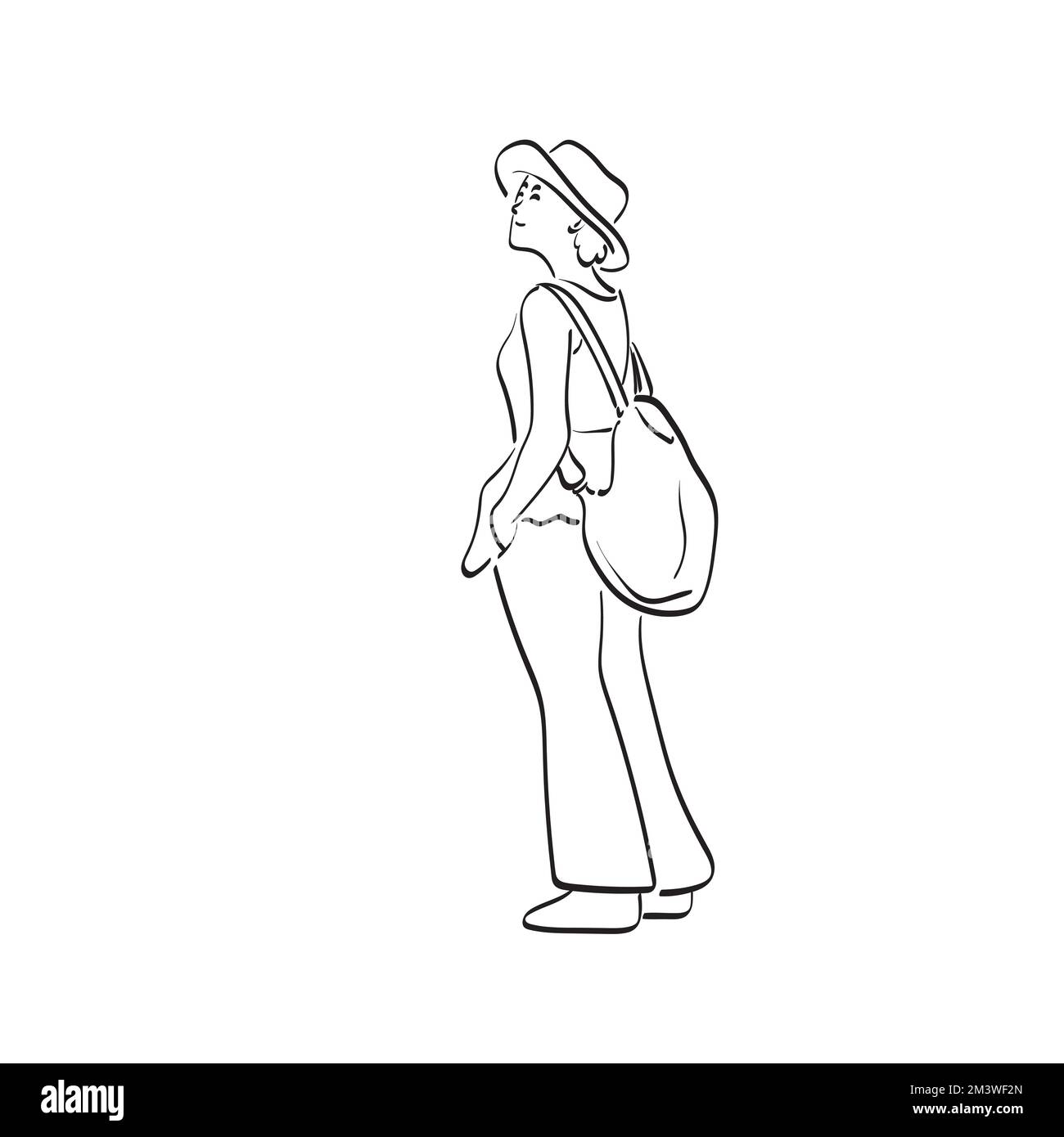 full length of woman standing with backpack illustration vector hand ...