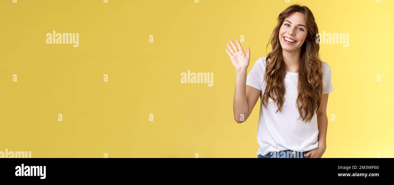 Modest cute friendly outgoing attractive european woman long curly ...