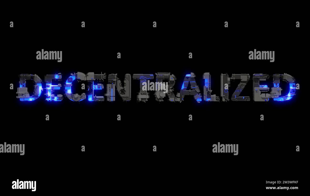 modern cybernetical text DECENTRALIZED shining blue electrical light ...