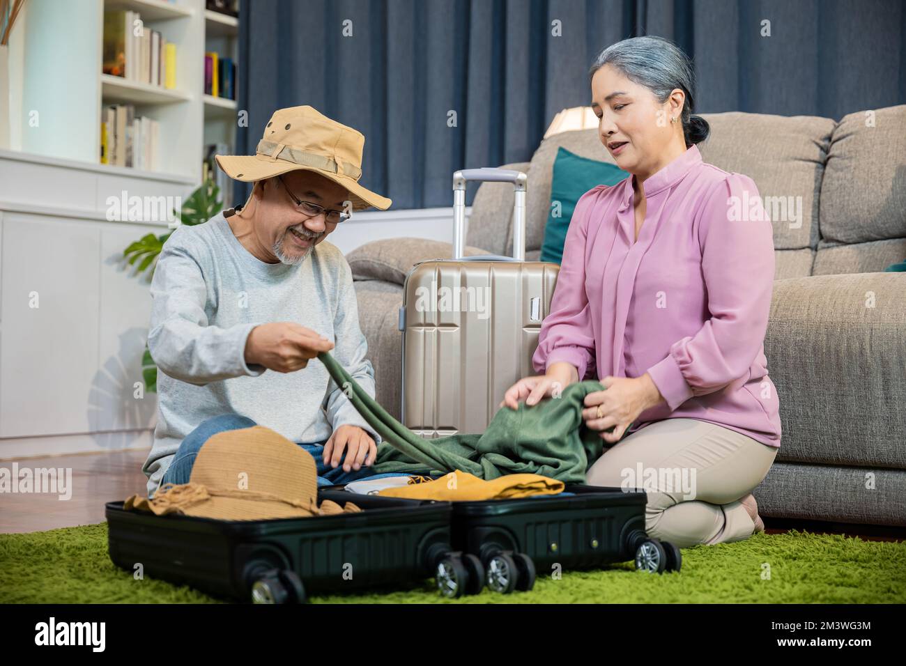 Asian couple old senior marry retired couple smiling prepare luggage ...