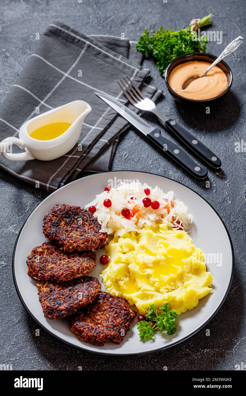 fried minced liver patties, finnish jauhemaksapihvit, with mashed ...