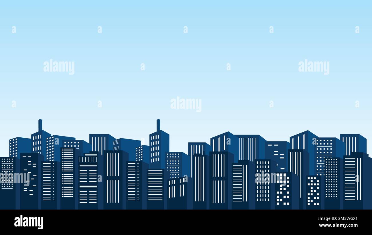 Morning shades with blue sky of city silhouette with tall buildings ...