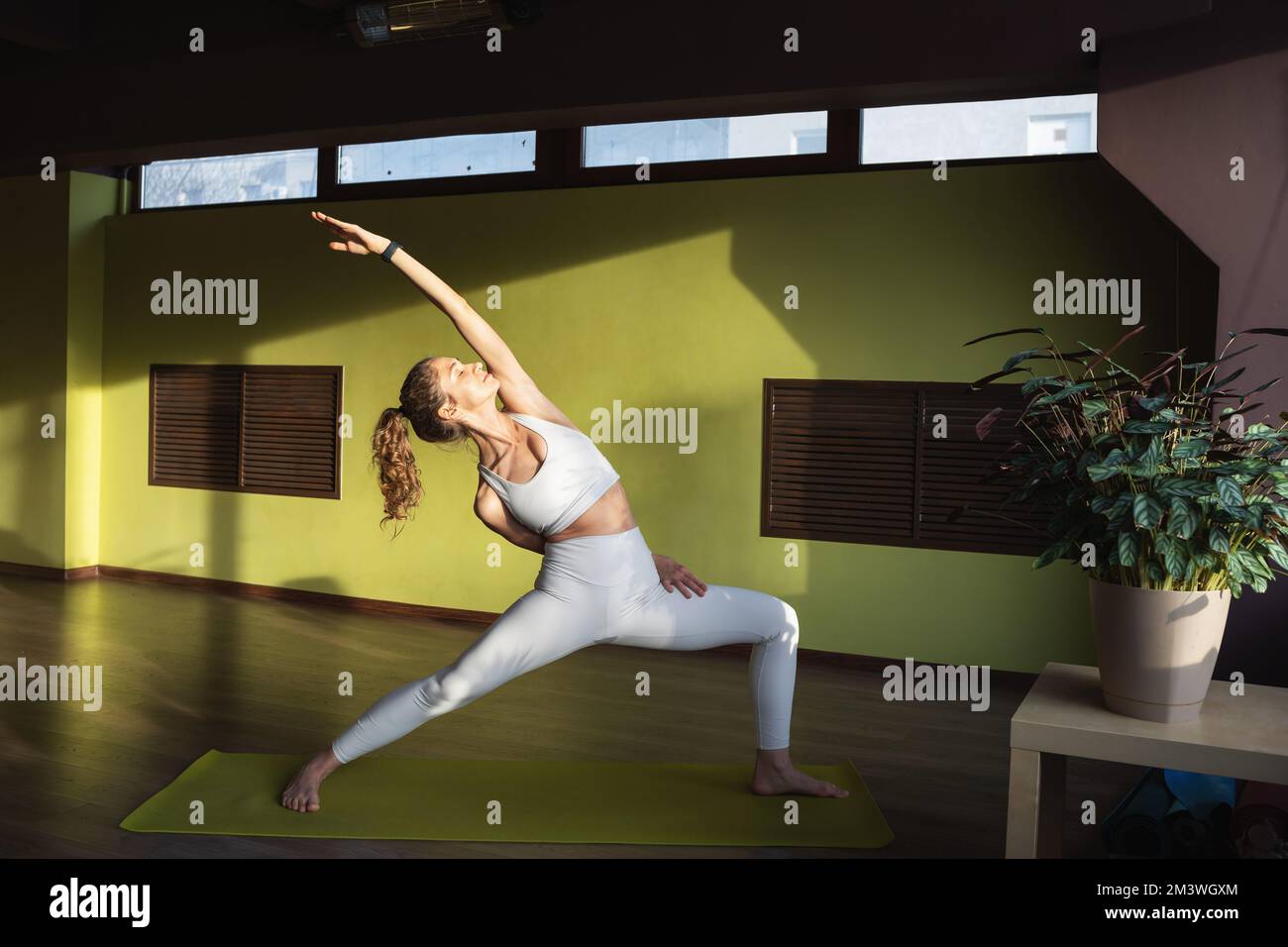 Young woman leading a healthy lifestyle and practicing yoga, performs ...
