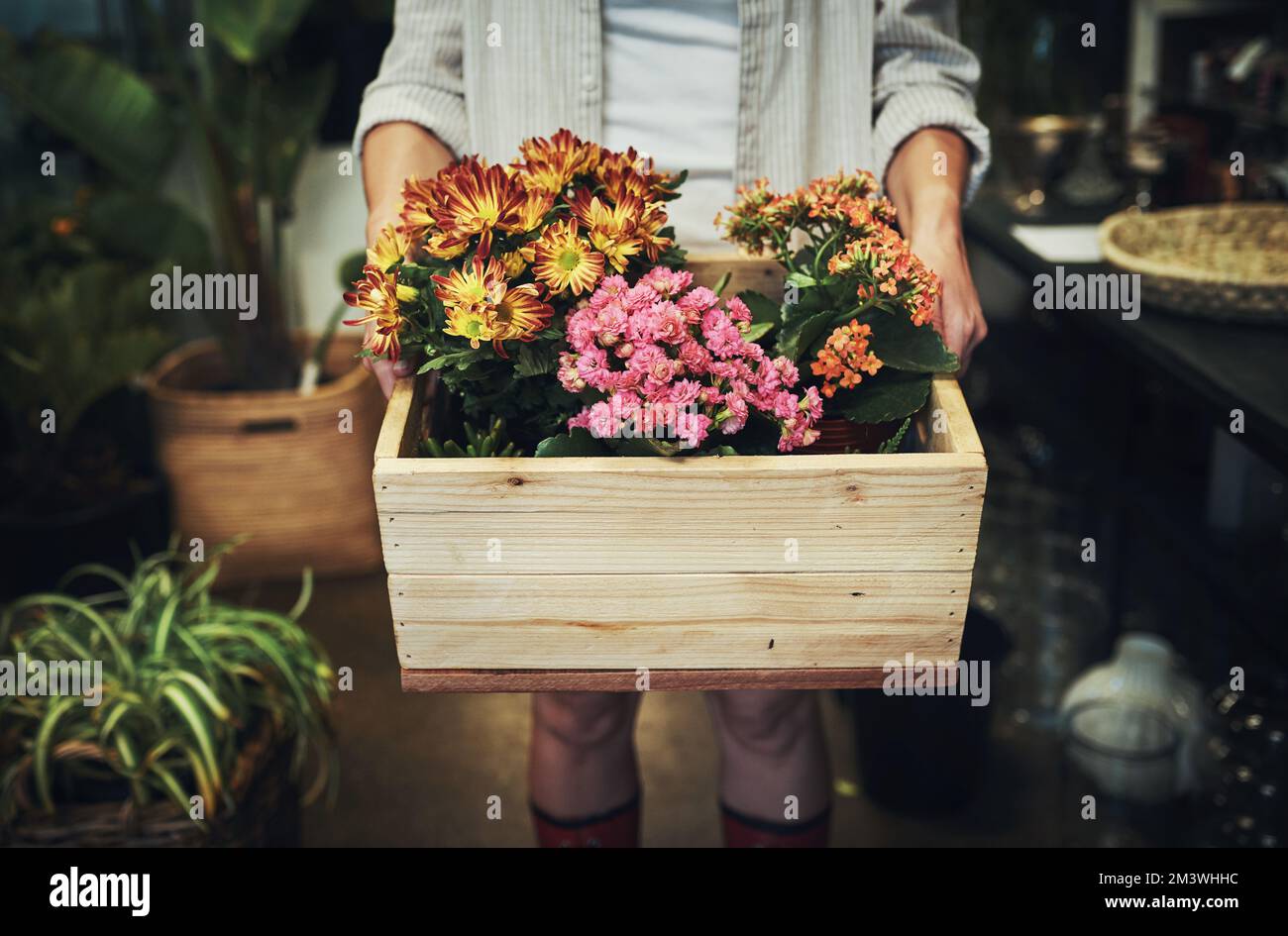 Flowers for every occasion. an unrecognizable florist holding a crate ...