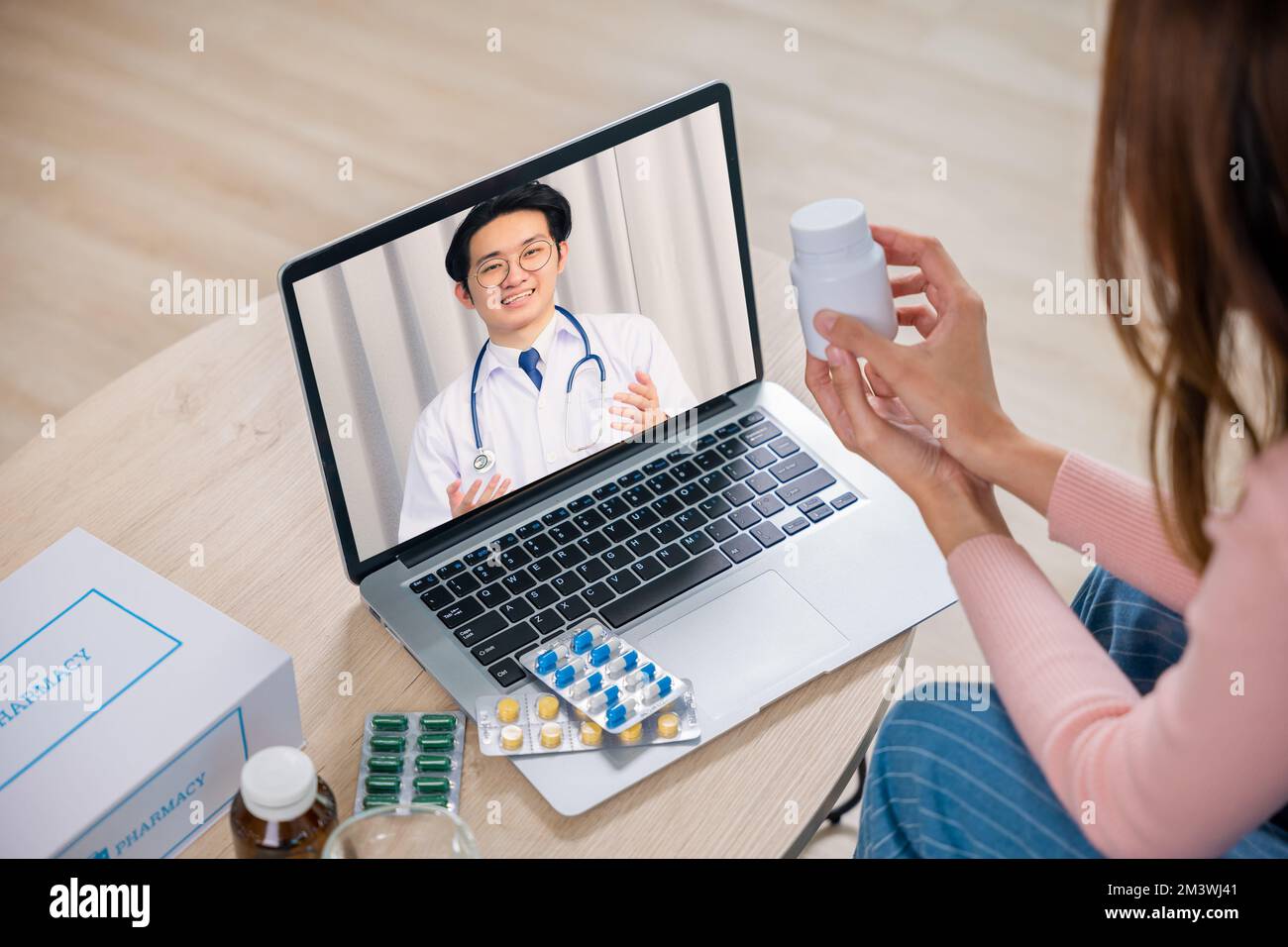 female sick she video call online consultation with doctor consulting ...