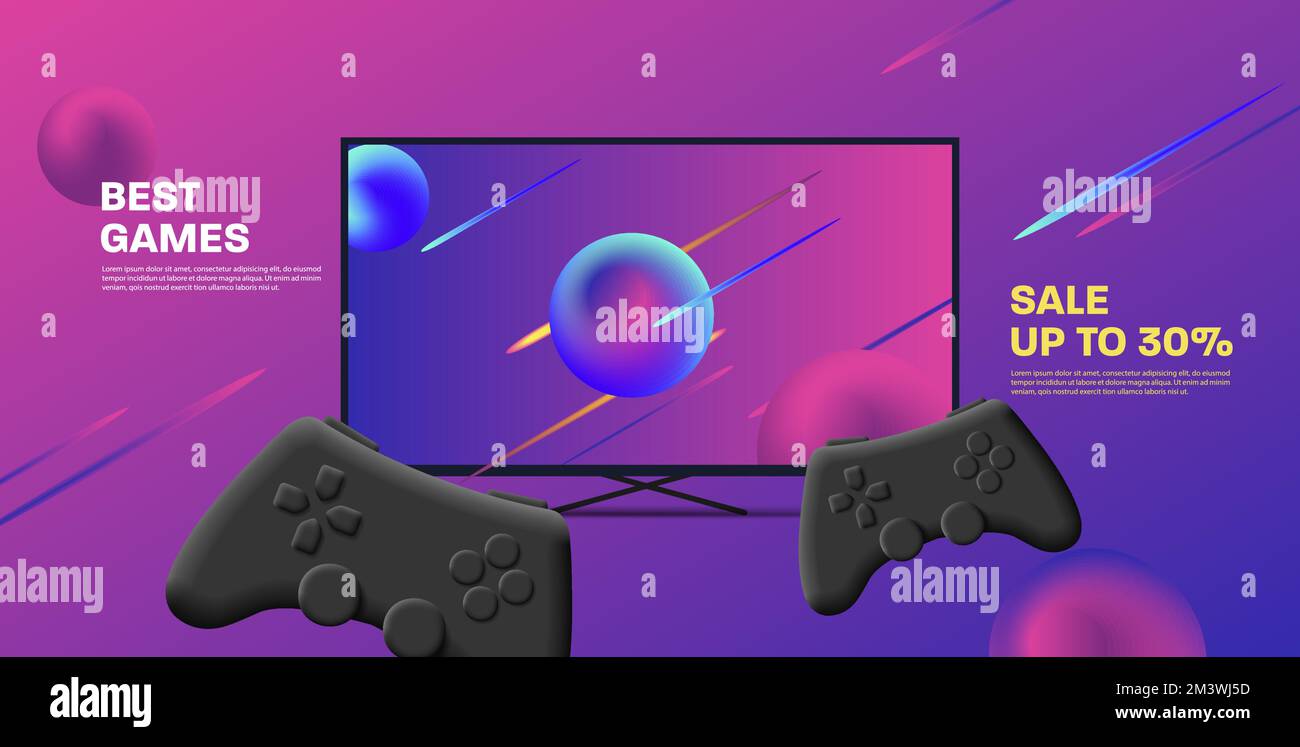 Game console with gamepads and large screen in abstract space ...