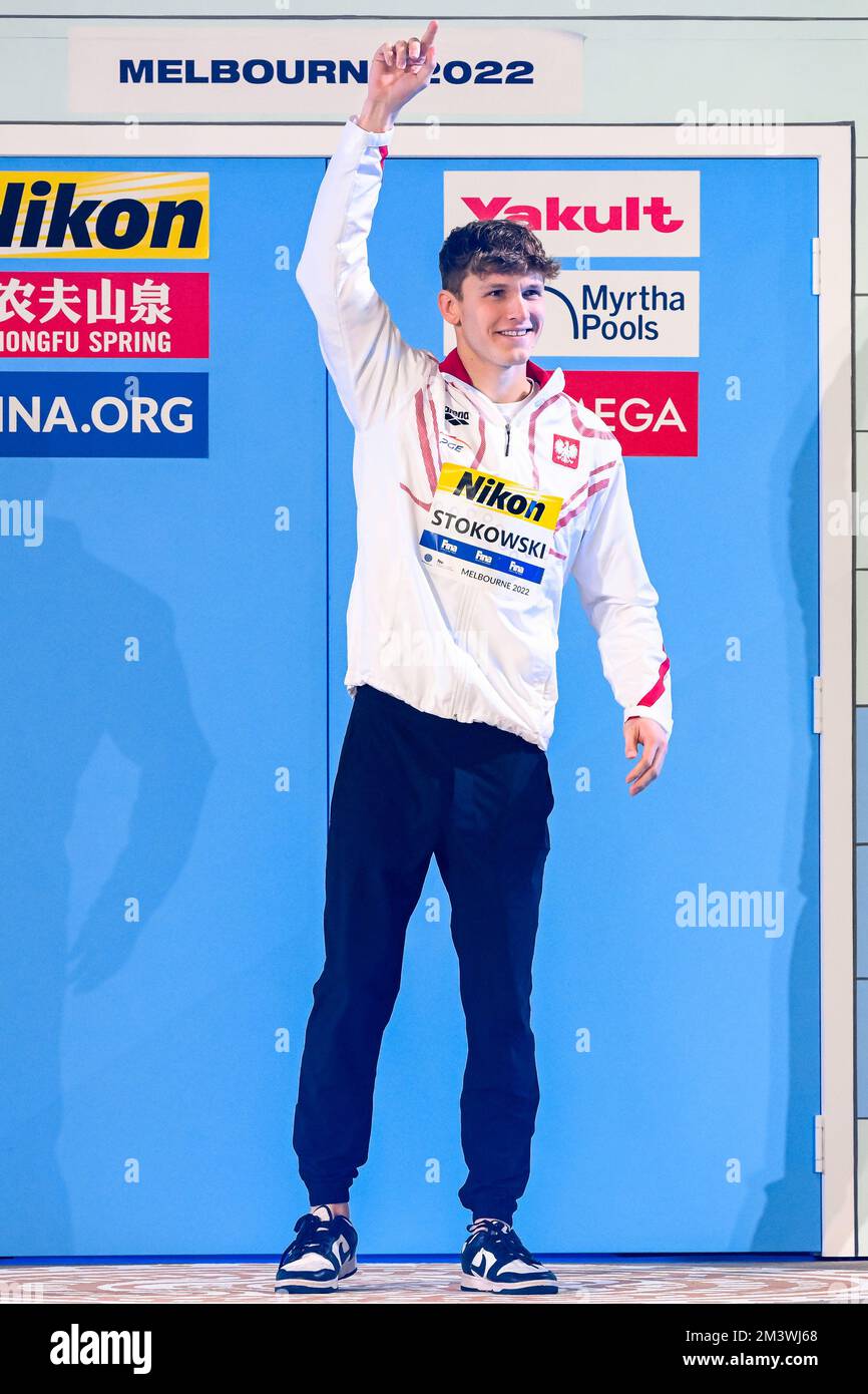 Kacper Stokowski of Poland celebrates after winning the bronze medal in ...