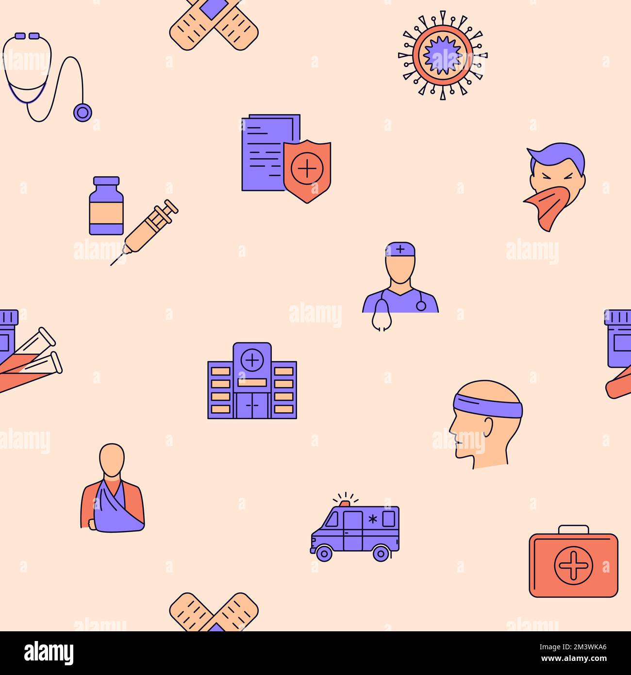 Medicine and healthcare seamless pattern in colored line style. Vector ...