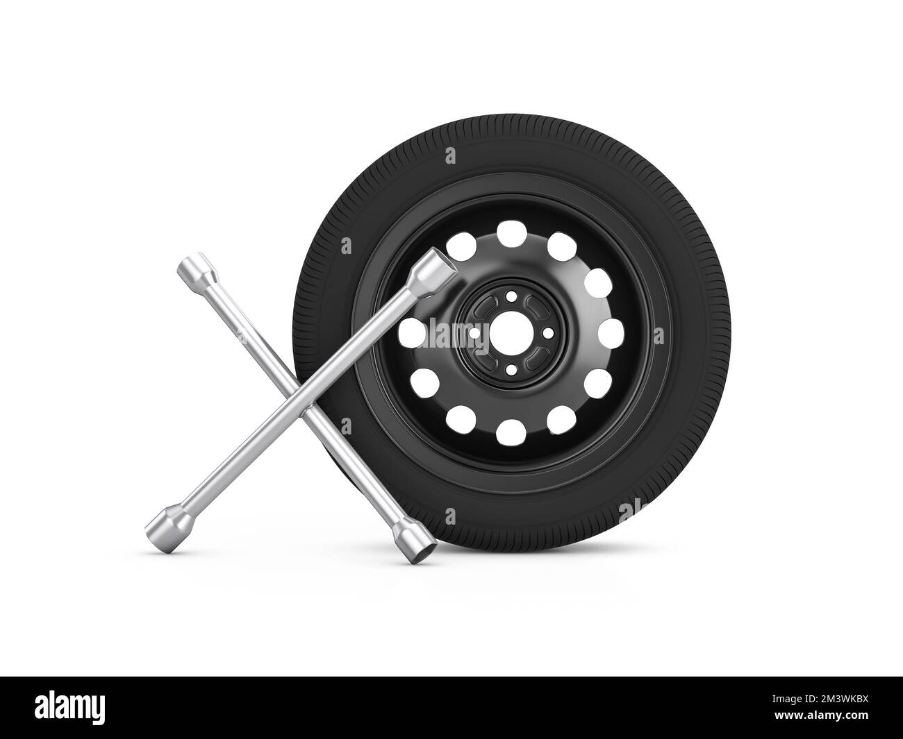 Car wheel and cross wrench on a white background. 3d illustration Stock ...
