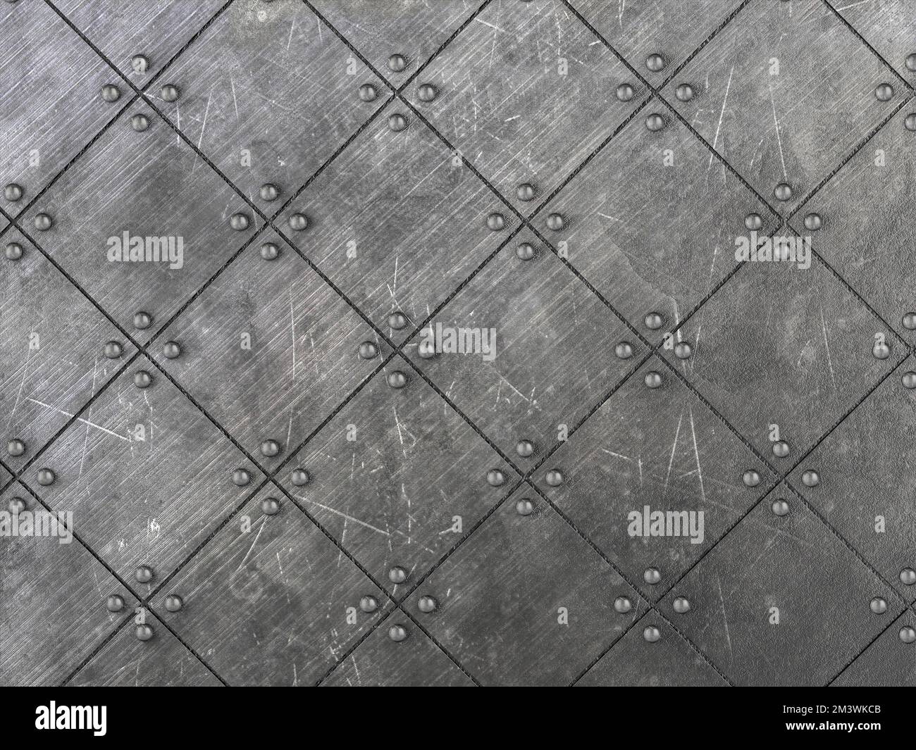 Background formed by scratched metal plates with rivets. 3D ...
