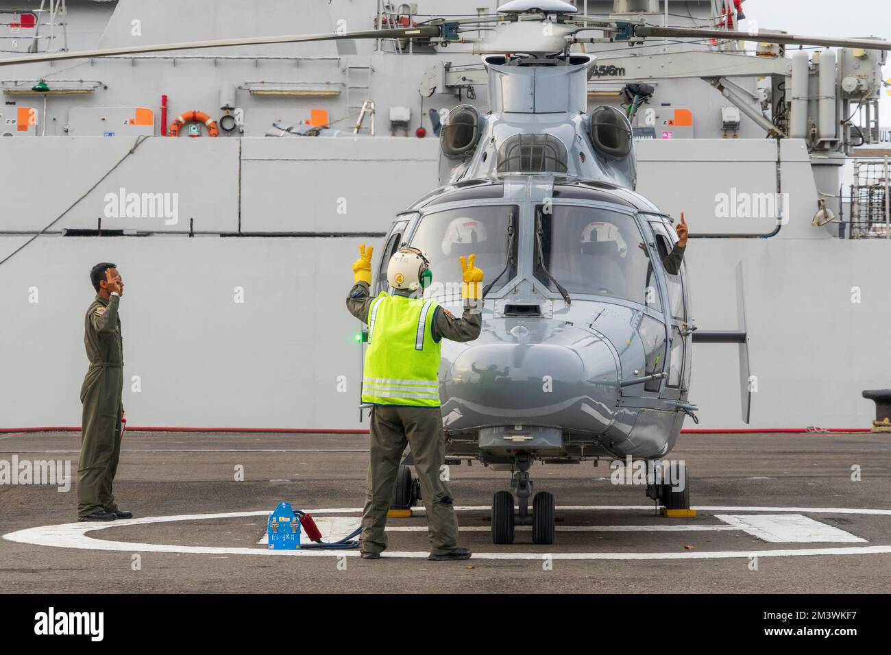 Surabaya, August 2022. Indonesian militay helicopter ready to actions ...