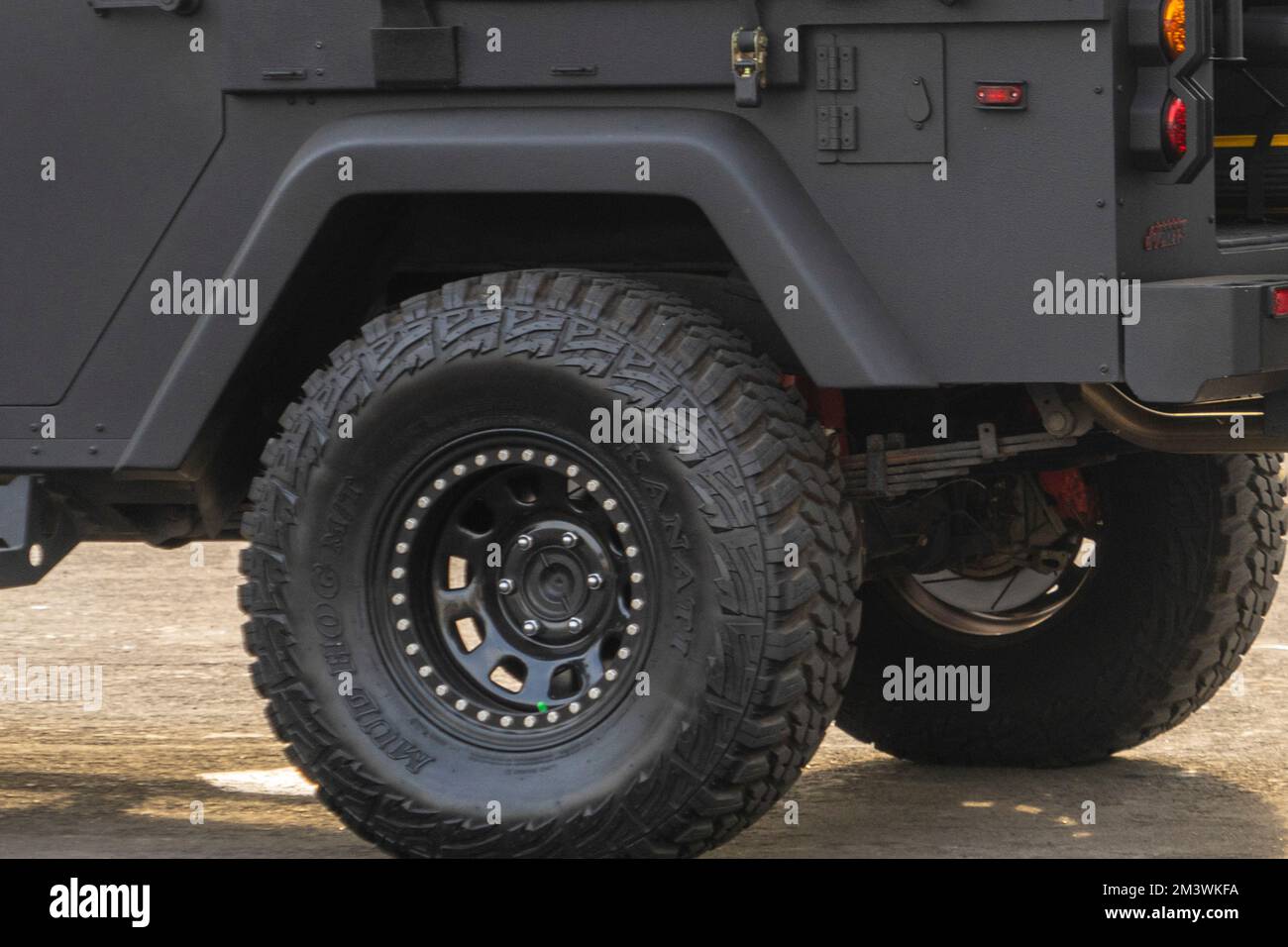 Surabaya, September 2022: Back wheel of the military suv car. Tire and ...