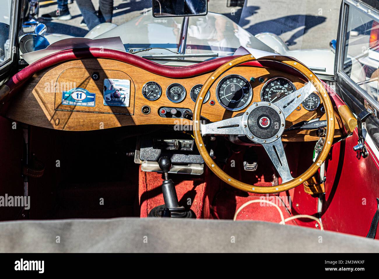 An interior view of a classical British old-timer MG Gentry car with a ...