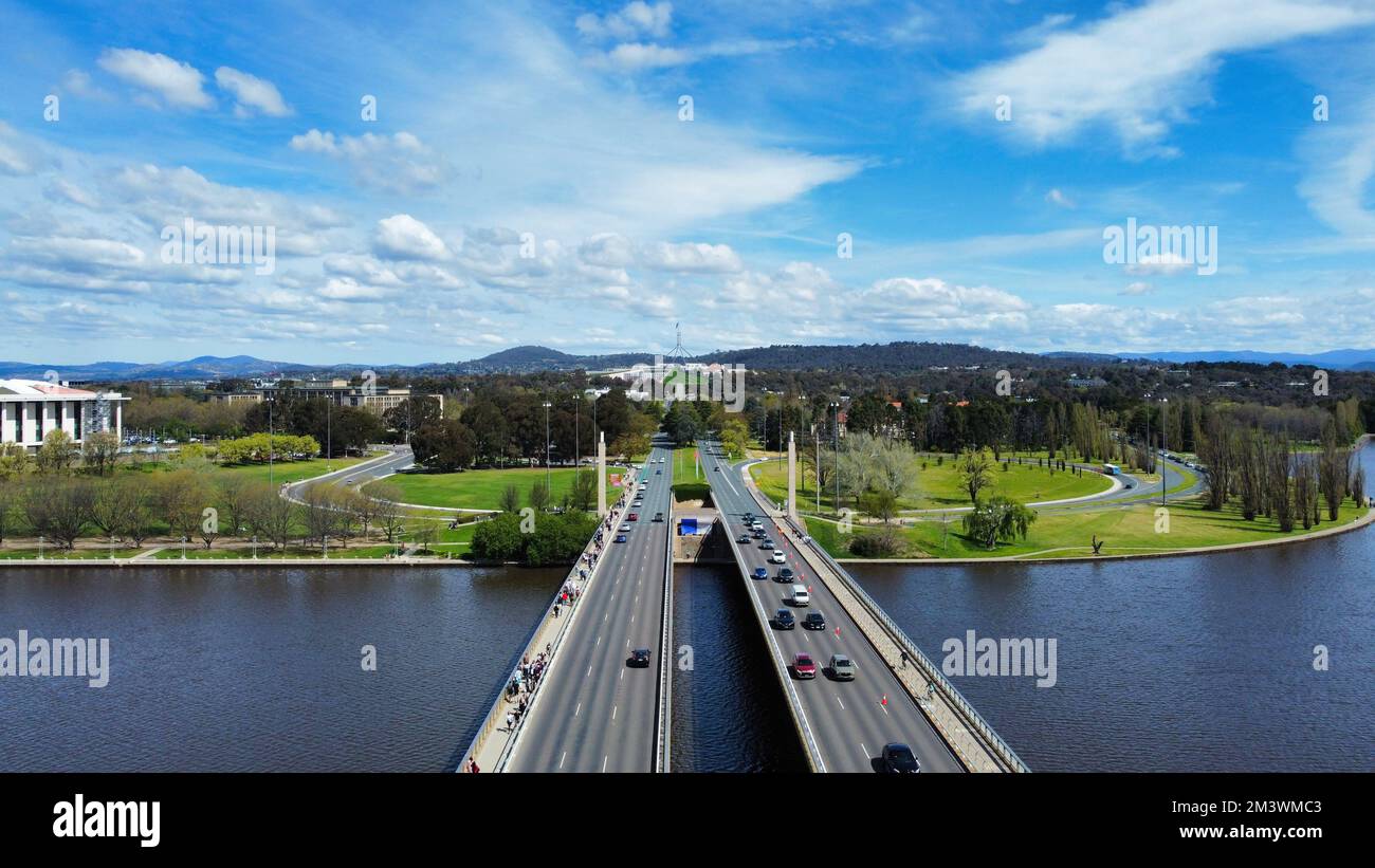 Aerial view of Commonwealth avenue and bridge over Burley Griffin lake in Canberra, Australia ...