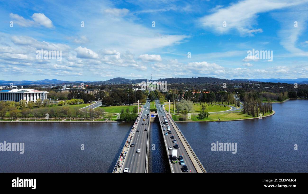 Scenic aerial view of Commonwealth avenue bridge over Burley Griffin lake in Canberra, Australia ...
