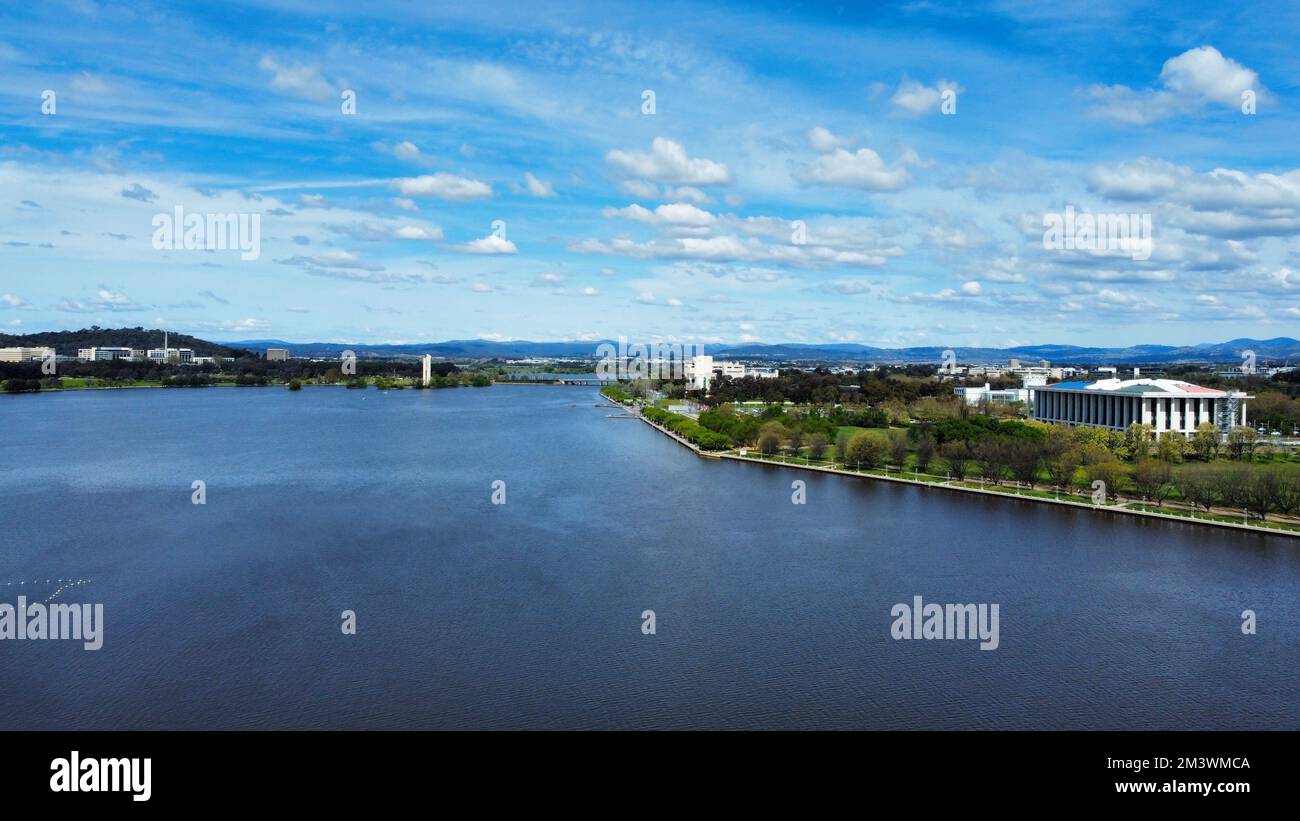 Scenic aerial view of Burley Griffin lake with Commonwealth avenue ...