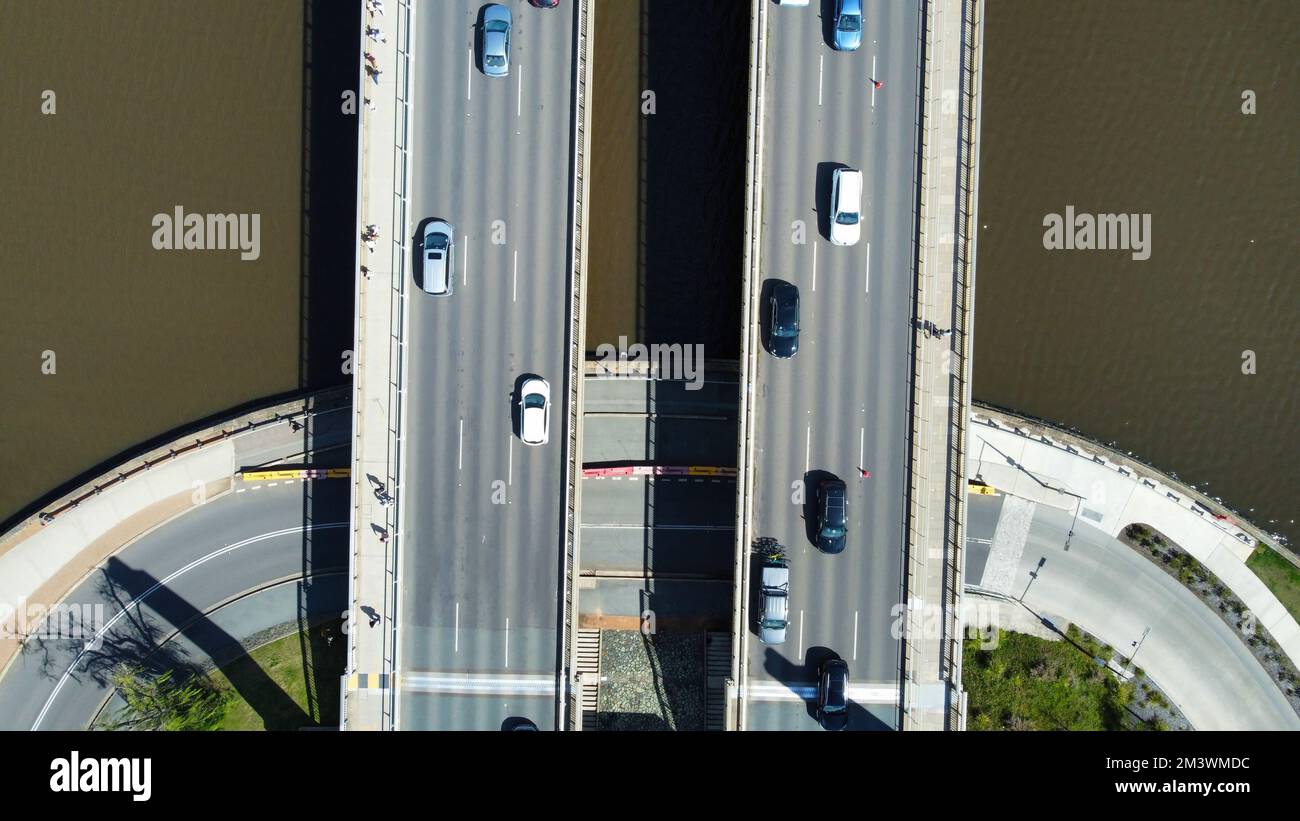 Aerial view of traffic on Commonwealth avenue bridge over Burley Griffin lake in Canberra ...