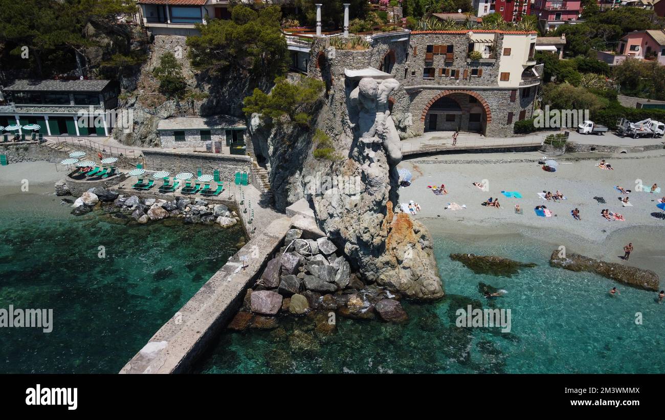 An aerial drone shot of the town of Monterosso al Mare, La Spezia ...