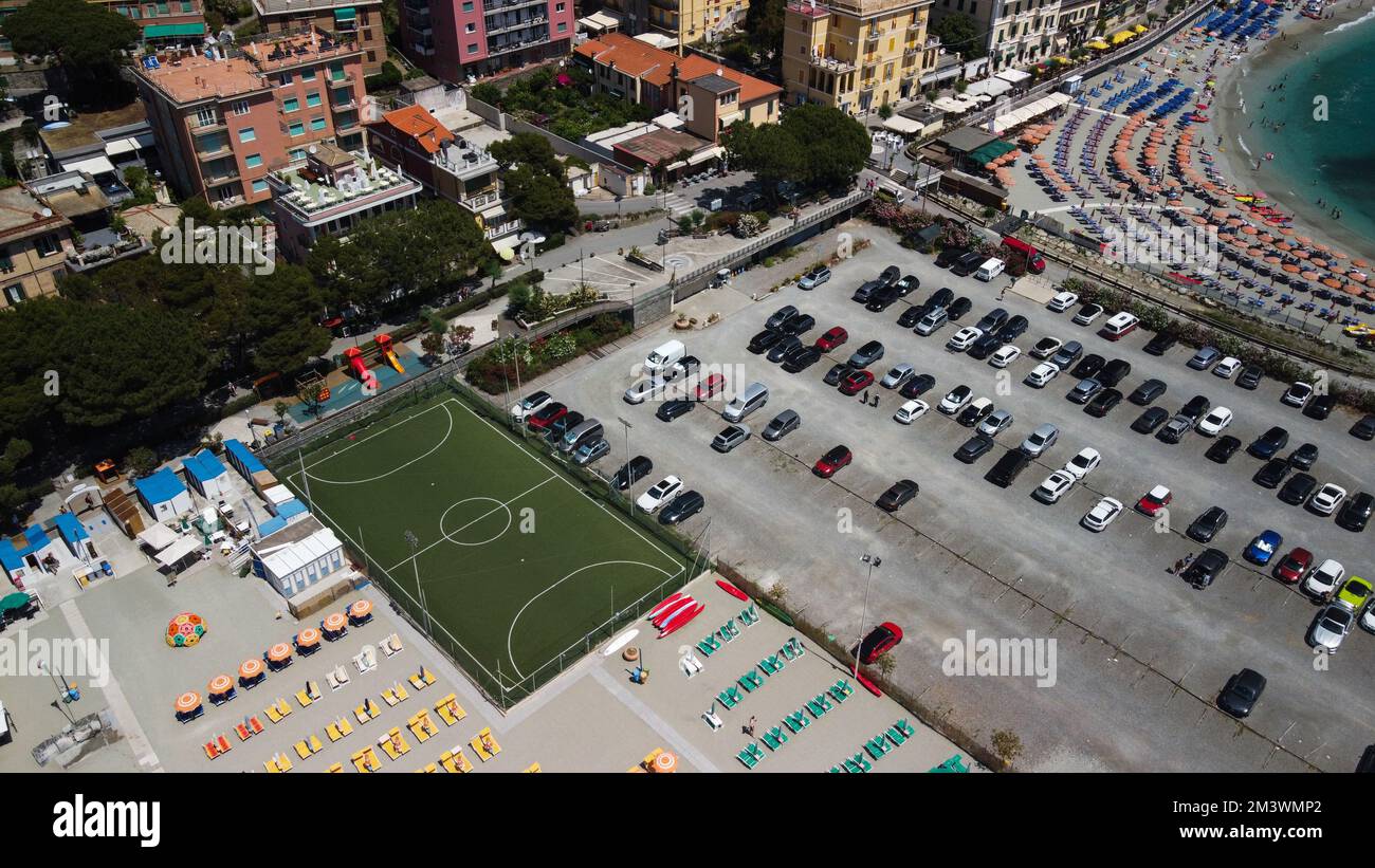 An aerial drone shot of the town of Monterosso al Mare, La Spezia ...