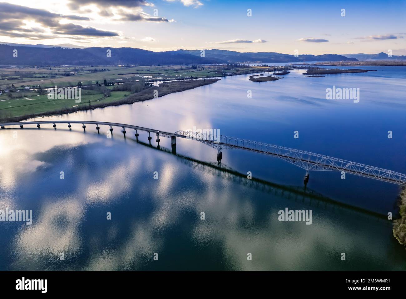 An aerial view of a bridge between Cathlamet Washington and surge for ...