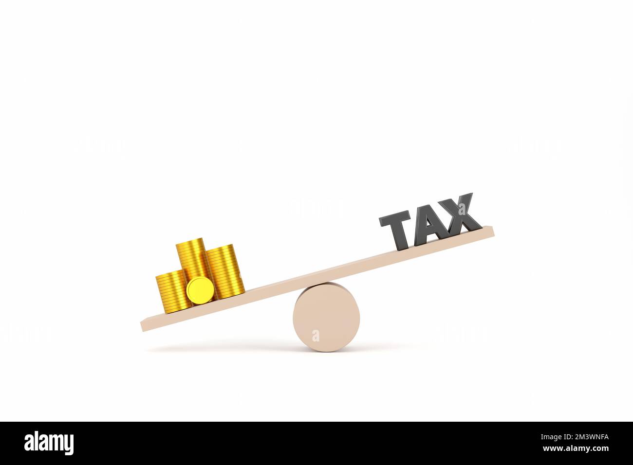 3D. Golden money and wooden cube block tax on seesaw for 3D. unbalance ...