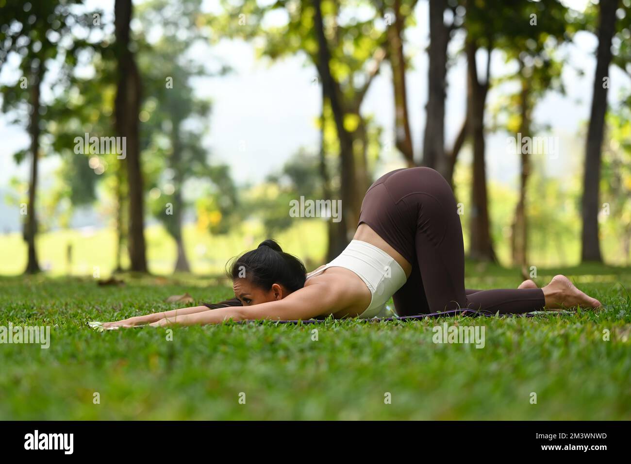 Shot of active woman practices yoga in extended puppy pose on green ...