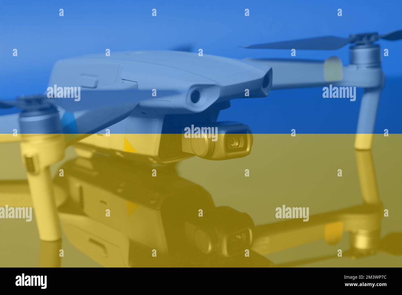 Double exposure of Flag of Ukraine and quadcopter drone aerial camera ...