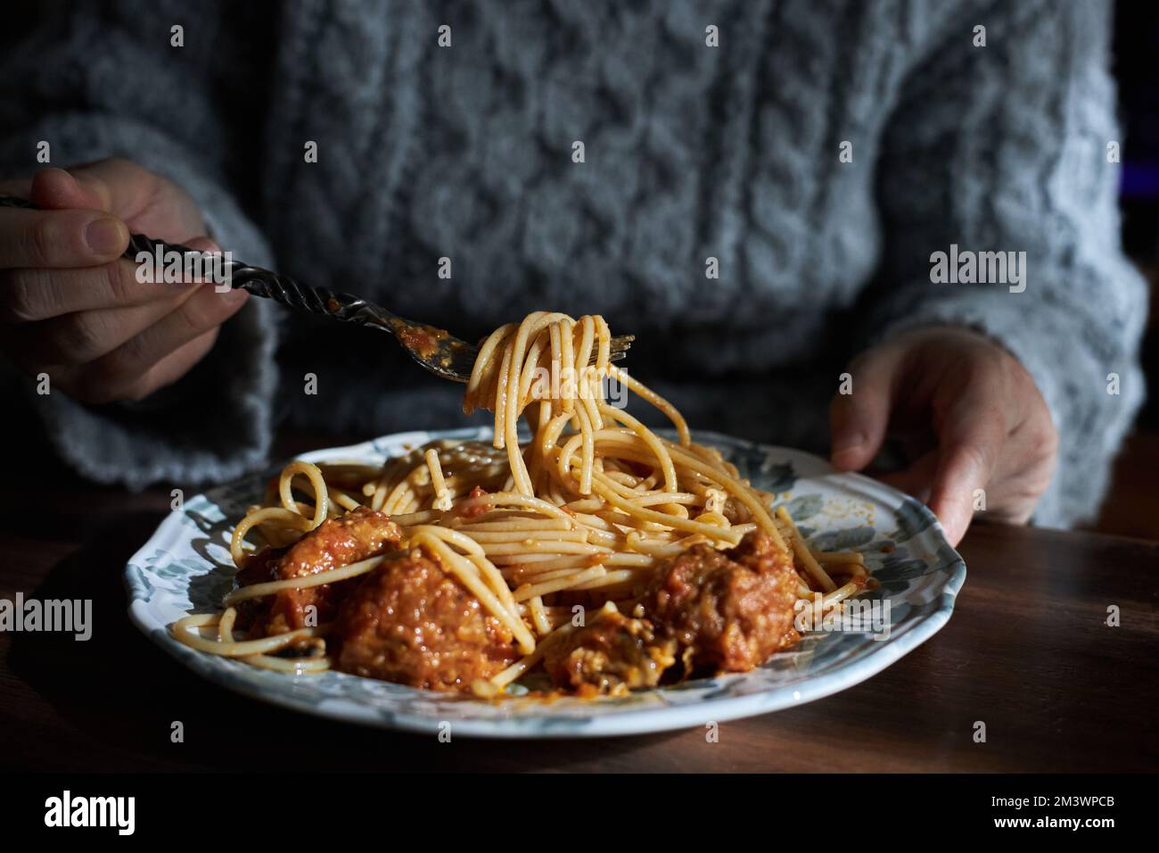 homemade savory spaghetti with meatball and tomato sauce Stock Photo ...