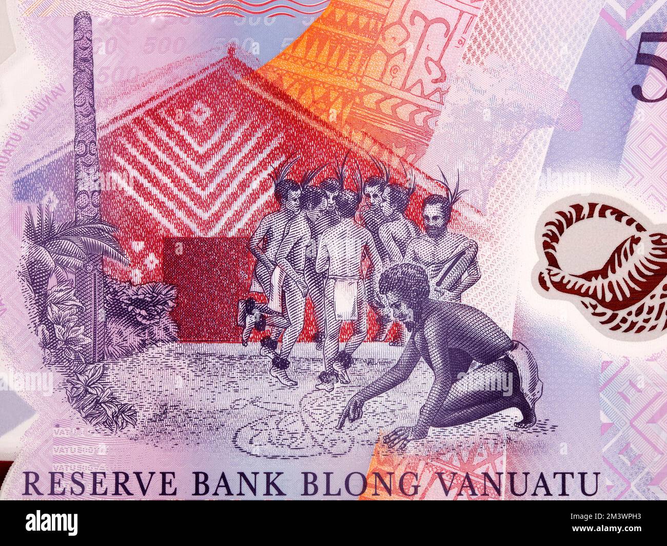 Man sand drawing and dancers from Vanuatu money - Vatu Stock Photo - Alamy