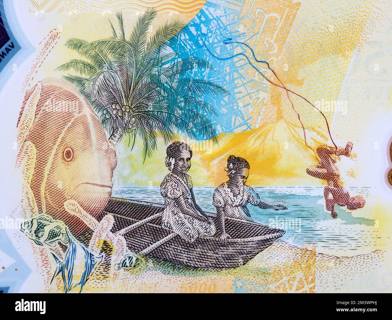 Children in boat and bungee jumper from Vanuatu money - vatu Stock ...