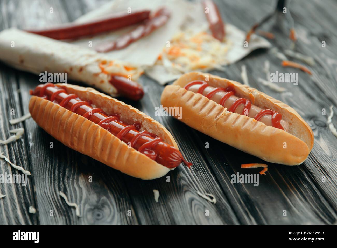 fast food.hot dogs and Shawarma on wooden background Stock Photo - Alamy
