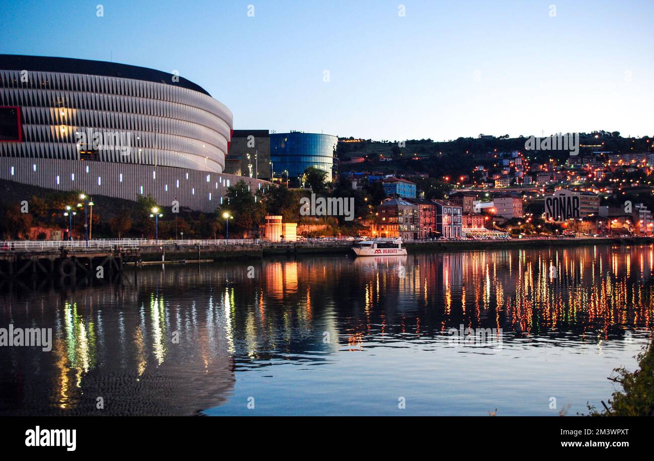 Night view of the San Mamés Stadium and city lights. Bilbao, BIzkaia ...