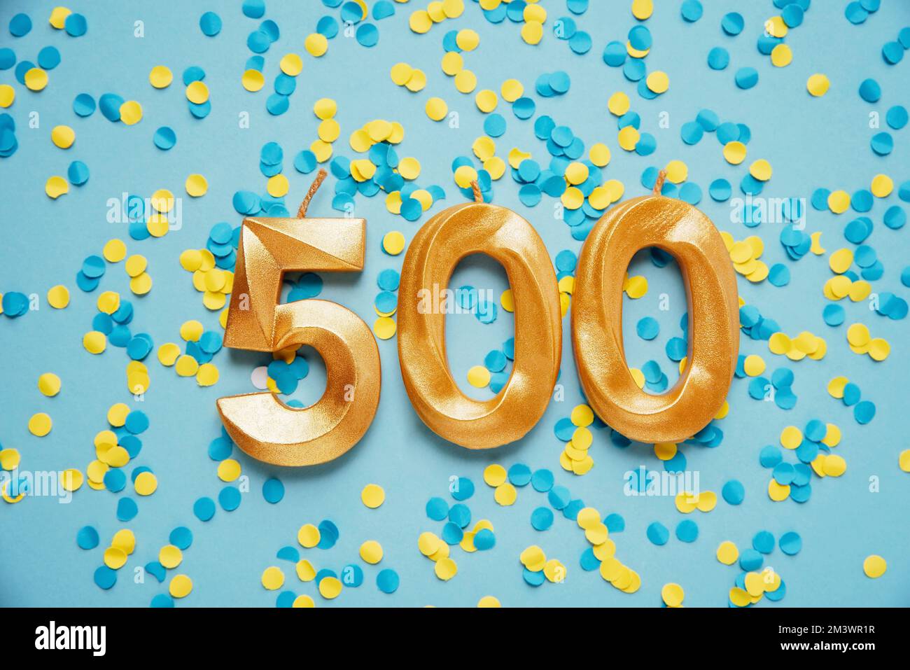 500 followers card. Template for social networks, blogs. yellow and blue confetti Background ...