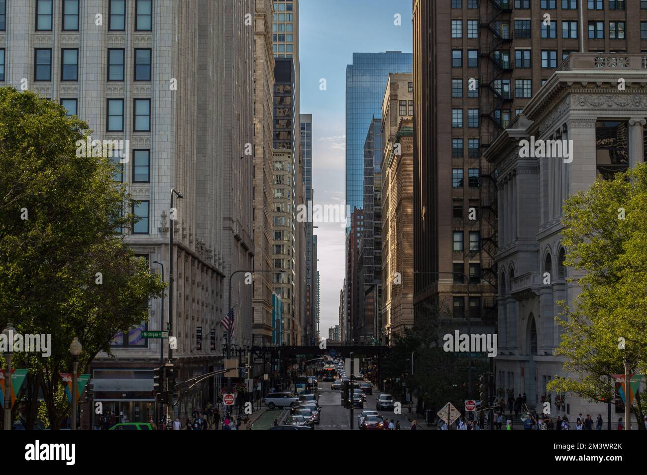 A vertical shot of Chicago street visible from Millenium Park with ...
