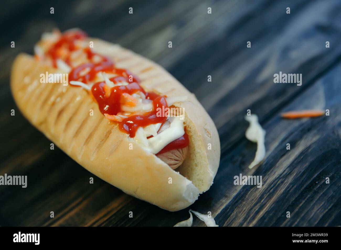 close up.hot dog on wooden background.photo with copy space Stock Photo ...