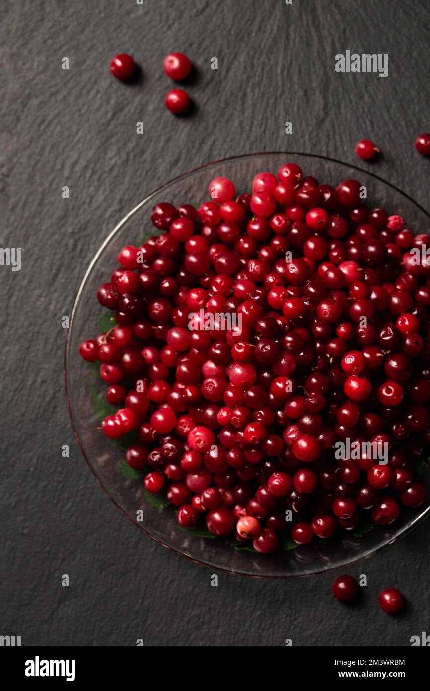 Delicious fresh lingonberry berries on a black stone board Stock Photo ...