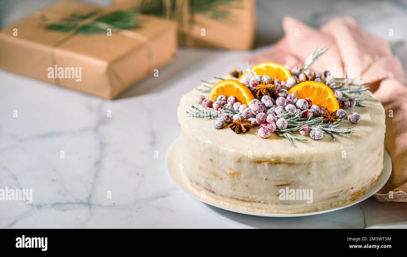 Winter homemade cake on white marble background. White cream christmas ...