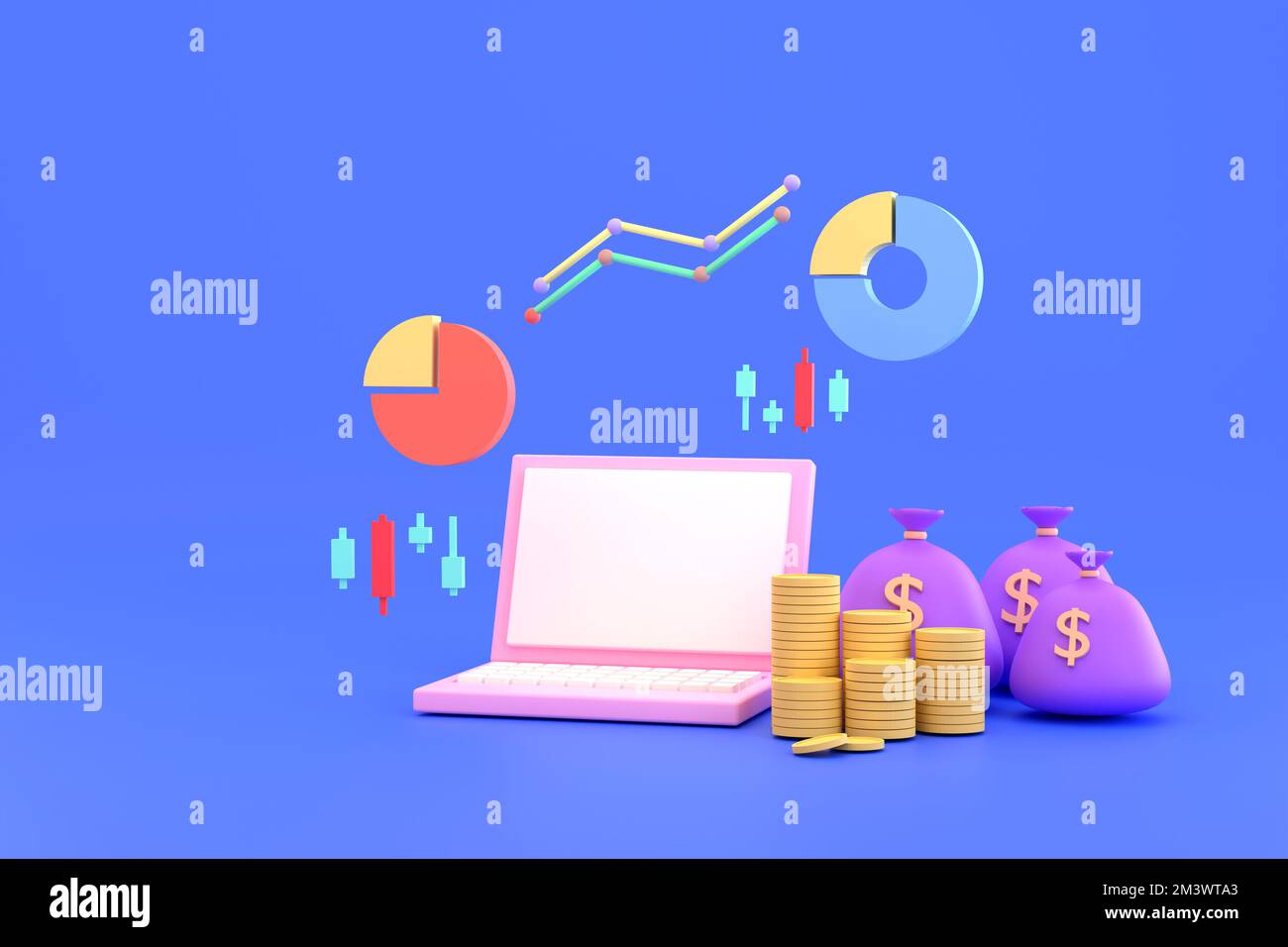 3D. laptop and stock chart, investment, coin and purse. financial ...