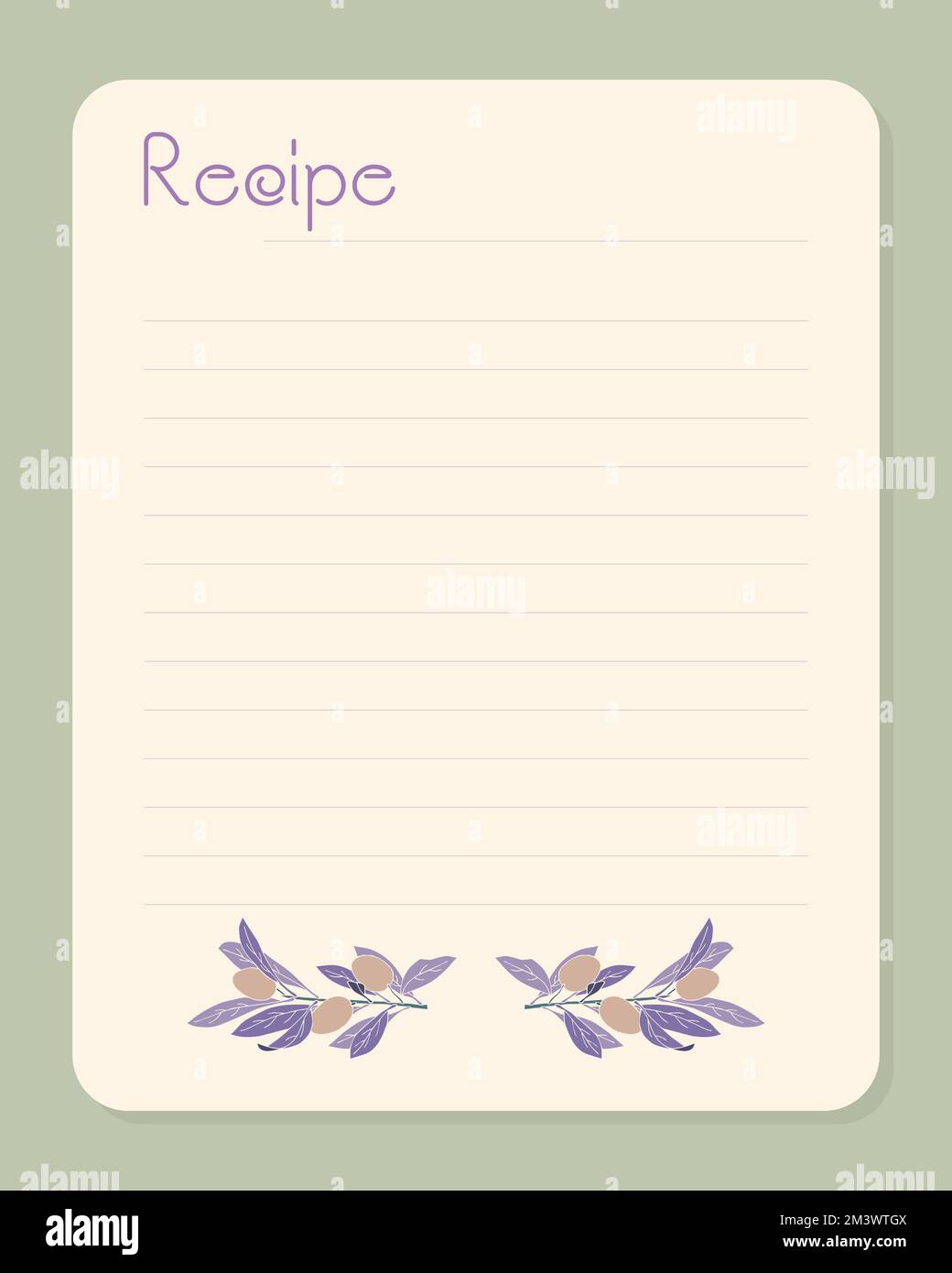 Recipe template for notes, blank lined paper with olives hand drawn ...