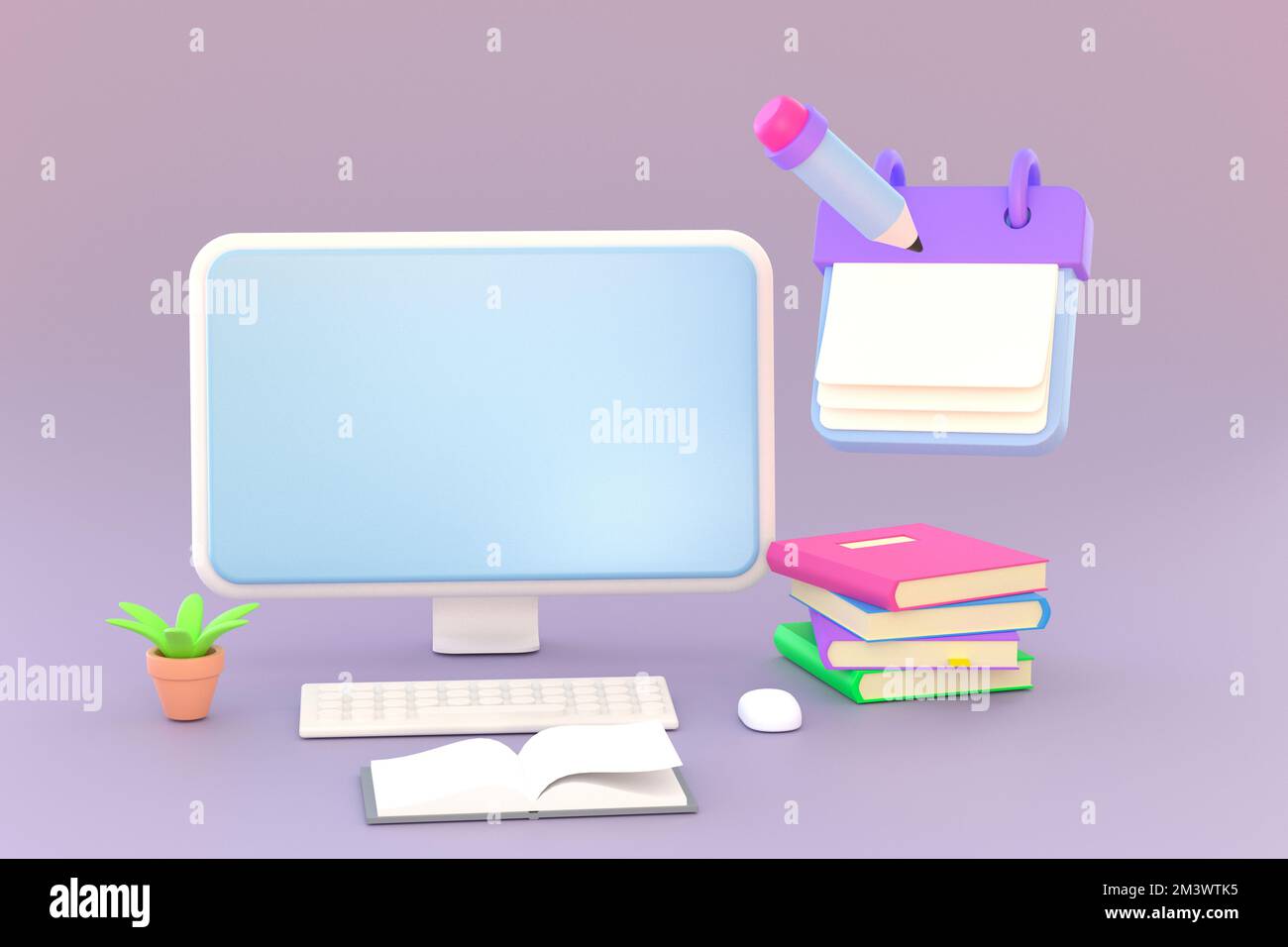 3D. Computers, stacks of books, and note-taking paper Stock Photo - Alamy