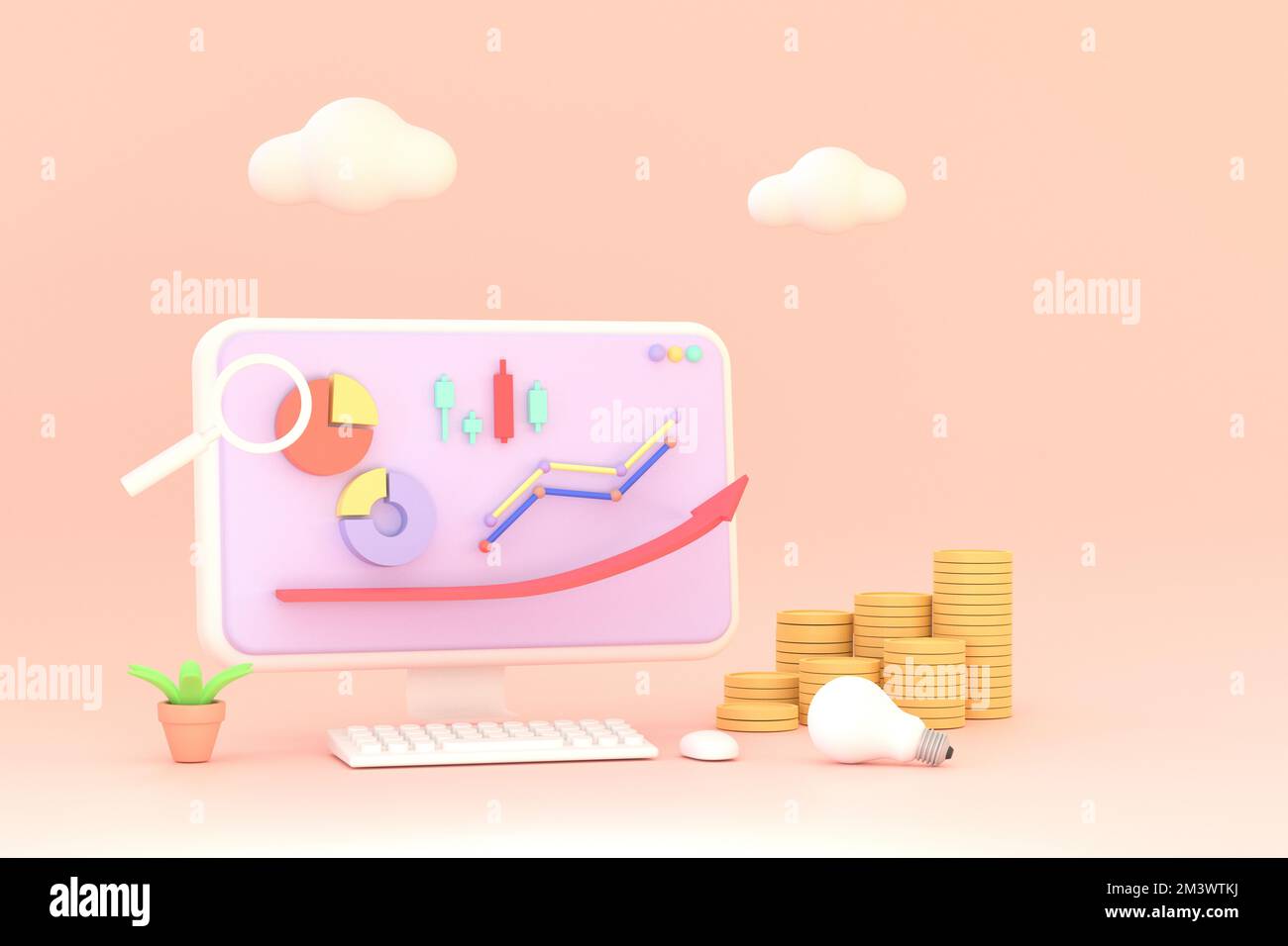 3D. computer and stock chart, investment, coin and purse. financial ...