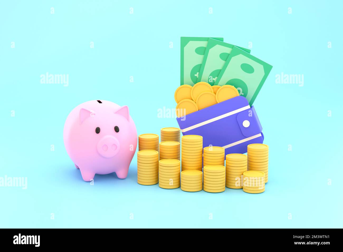 3D. Banknotes and coins in wallet with piggy bank. savings idea Stock ...